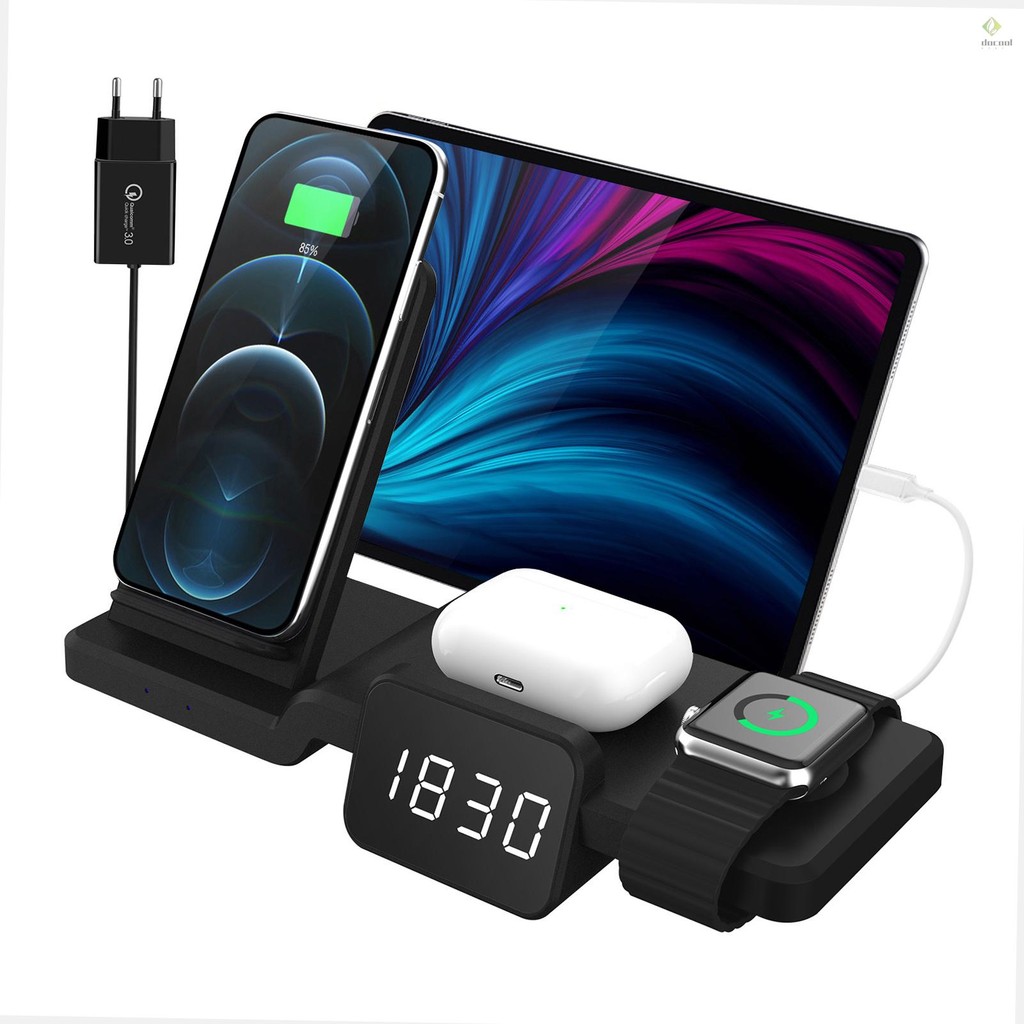 3 in 1 Wireless Charger Stand with Clock for Multiple Devices Charging ...