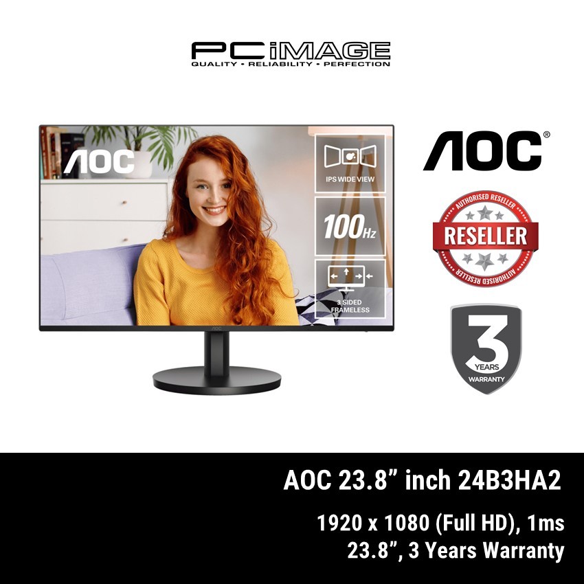 AOC 24B3HA2 23.8" FHD IPS 100Hz 3-Sided Frameless Monitor (HDMI, VGA, 3 ...