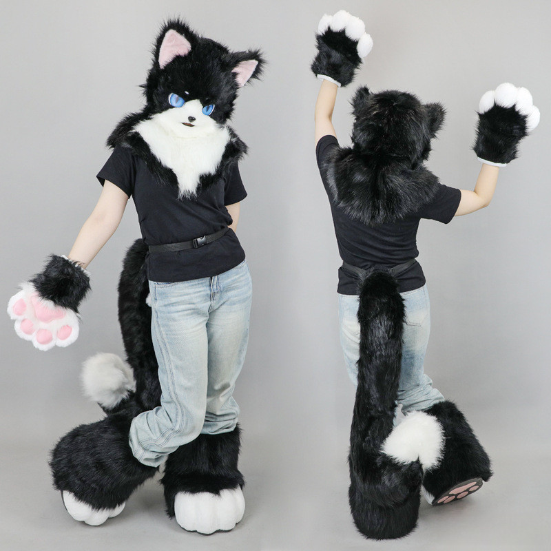 Kigurumi Furry Black & White Meow Beast Costume: Complete with Mask ...