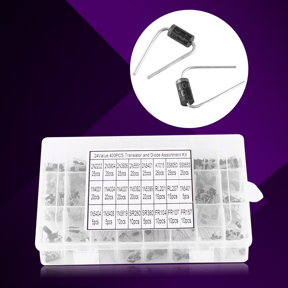 Yohooo 400pcs Capacitor Kit 24 Values NPN PNP Transistors and Rectifier ...
