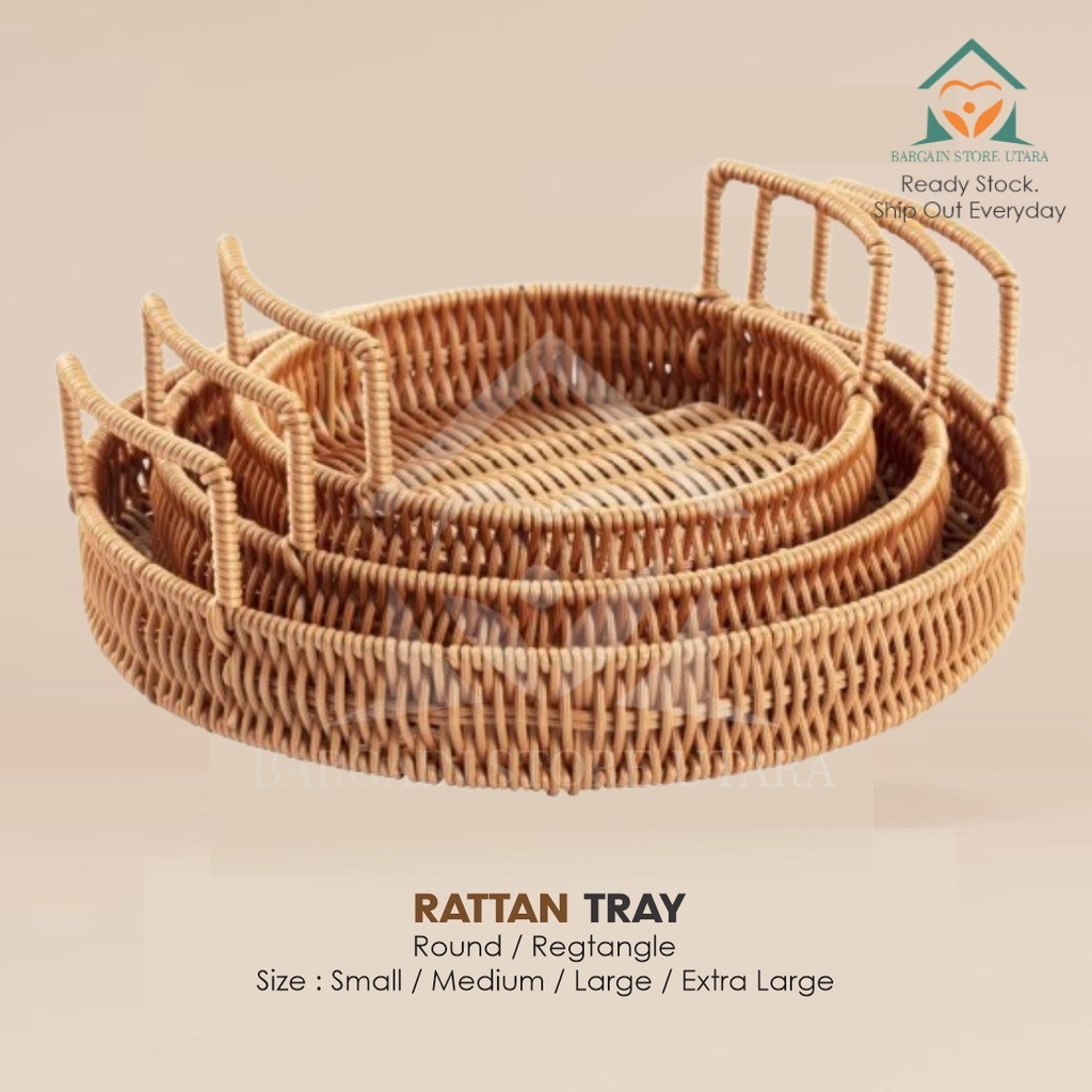 BSU Portable Round Rattan Tray Food Wicker Basket Sorage Home Deco With ...