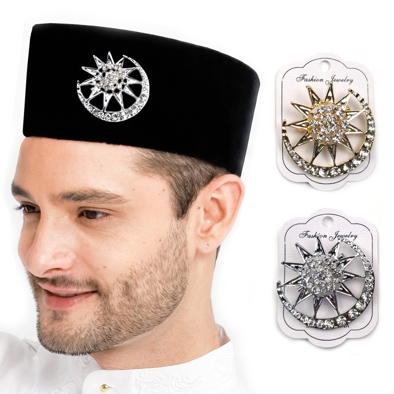 (5cm) Keronsang Dokoh Bulan Bintang Sabit Silver Gold Songkok Pink ...