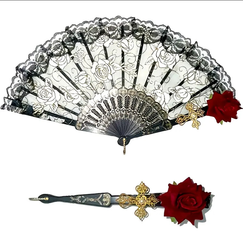Lolita Gothic Fan Victorian Female Lace Hand Fan Vintage Black White ...