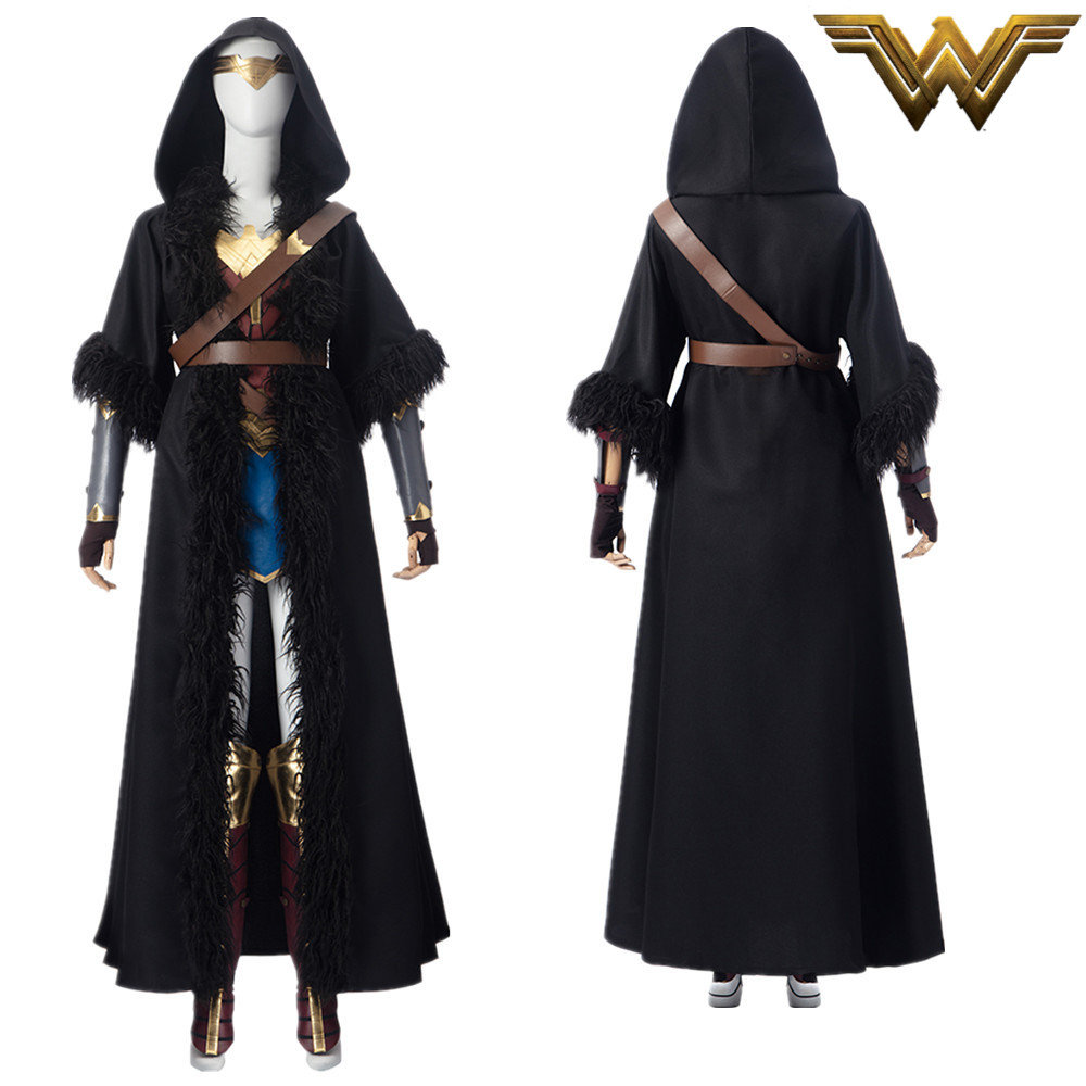 Wonder Woman Cosplay Costume:Diana's Fur Collar Cloak Black Hooded ...