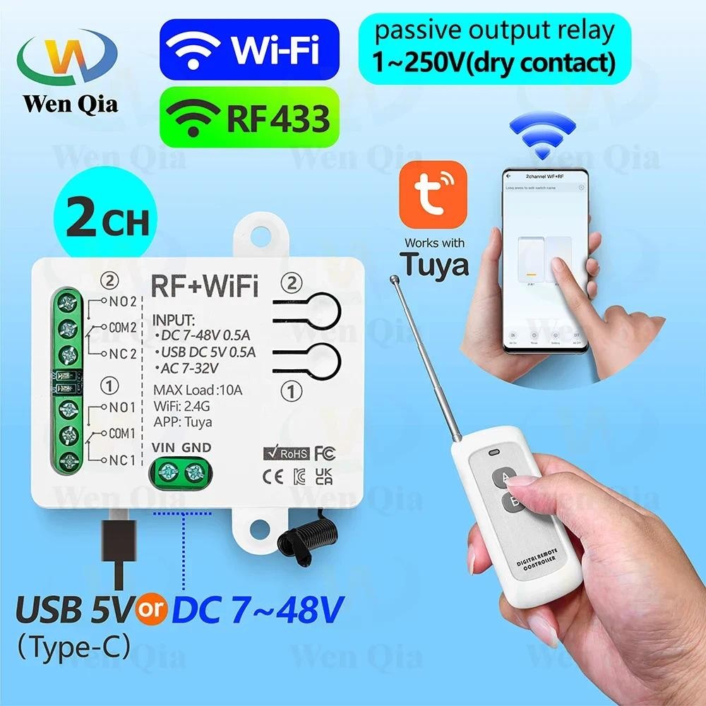2CH Smart Light Switch Tuya,WiFi & RF Remote Control Module,USB 5V DC 12V 24V 48V,work with ...
