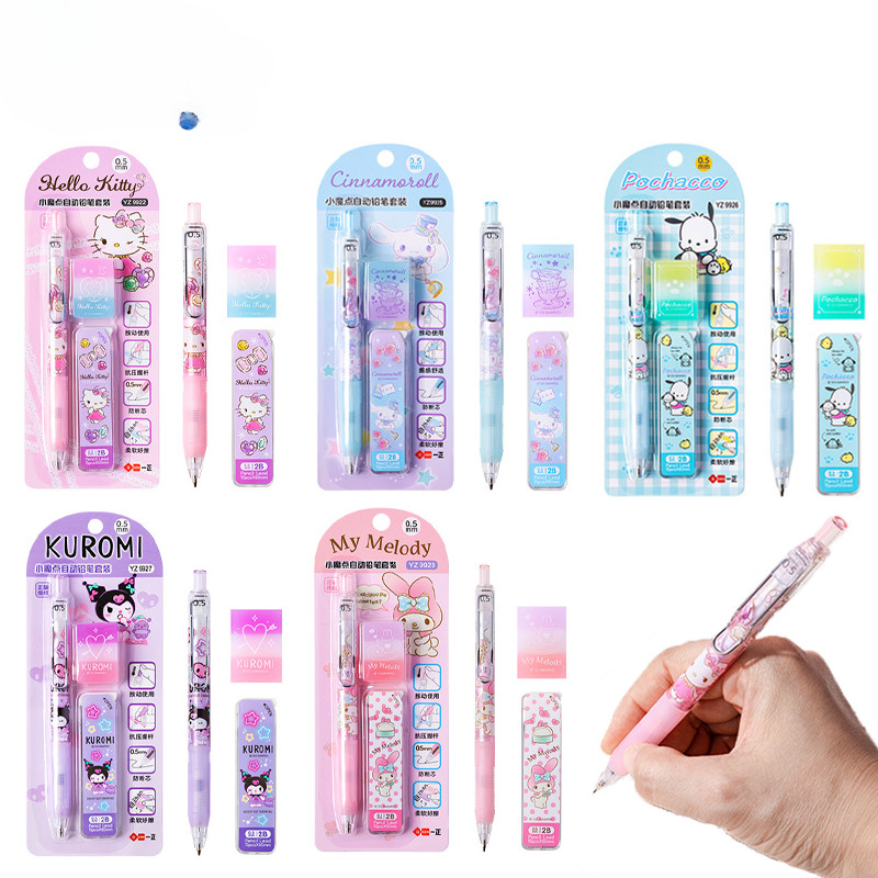 Sanrio Mechanical Pencil Set Kawaii Hello Kitty Melody Pochacco Eraser ...