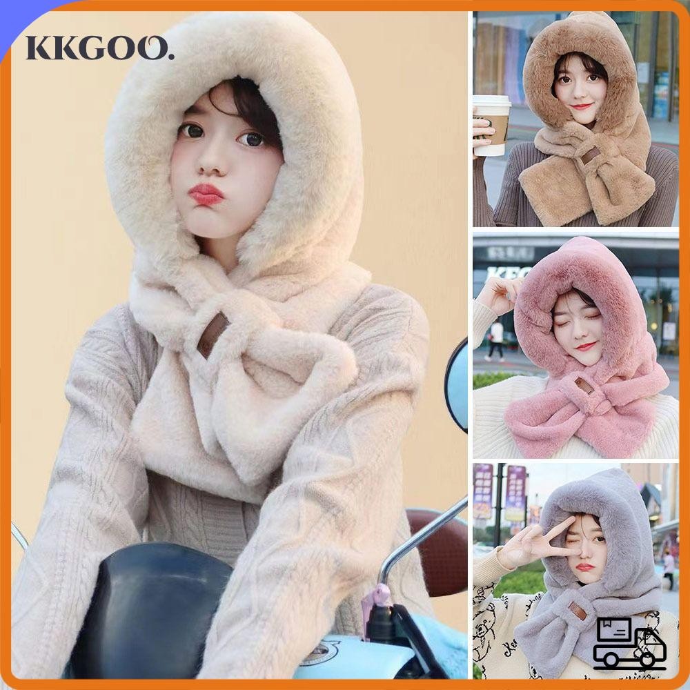 KKGOO Integrated Cap Scarf, Plush Thickening Beanie Hat Scarf, Winter ...