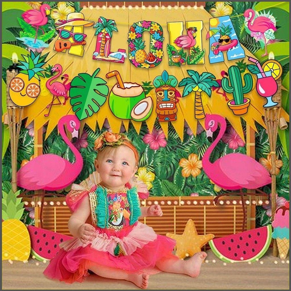 Hawaii aloha Flamingo Theme celebrate birthday party balloon banner ...