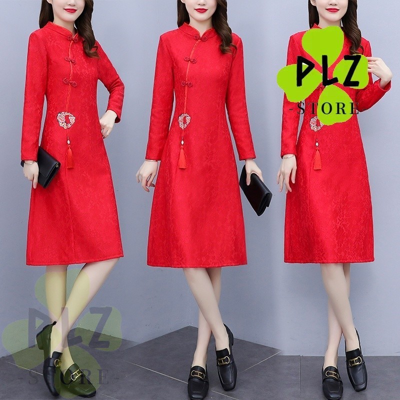 Autumn Long Sleeve Retro Traditional Chinese New Year Red Evening ...