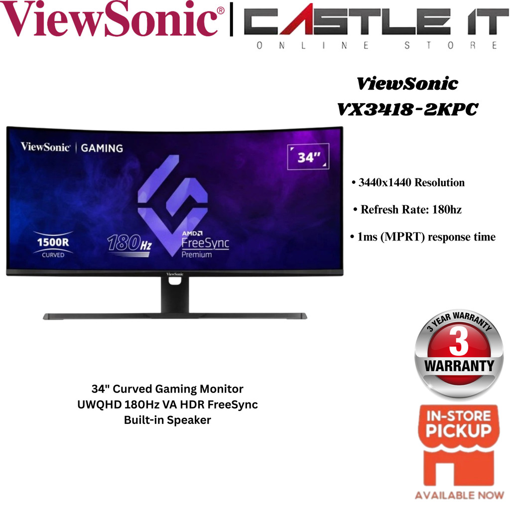 ViewSonic VX3418-2KPC 34" Curved Gaming Monitor UWQHD 180Hz VA HDR ...