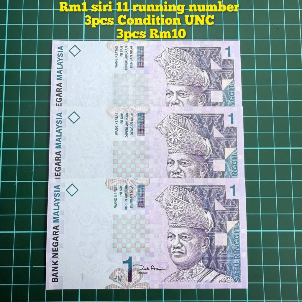 A525 rm1 siri 11 3 keping running number nombor siri berturutan duit kertas rm1 duit lama ...