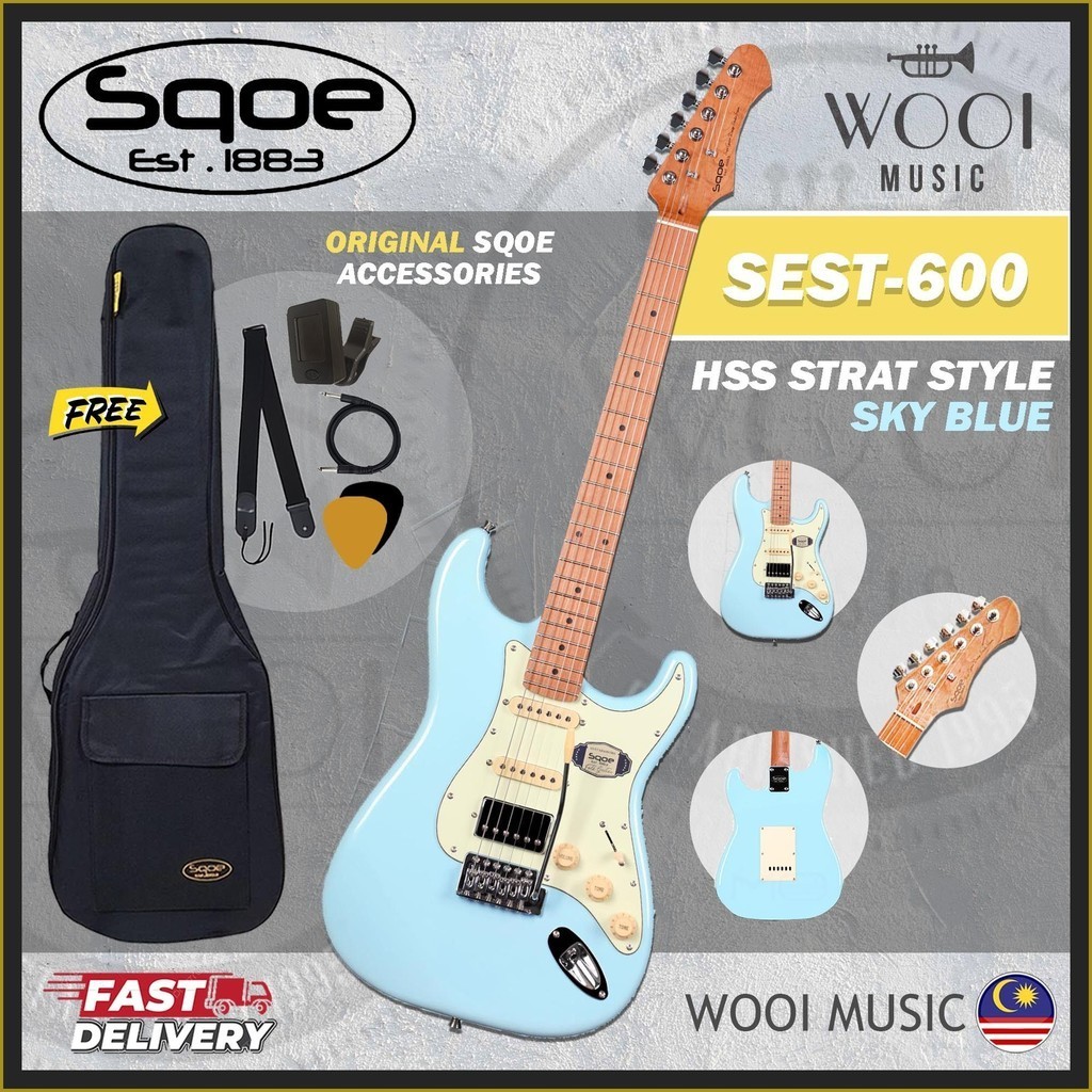 SQOE SEST600 BL HSS Strat Style Electric Guitar with Roasted Maple Neck ...