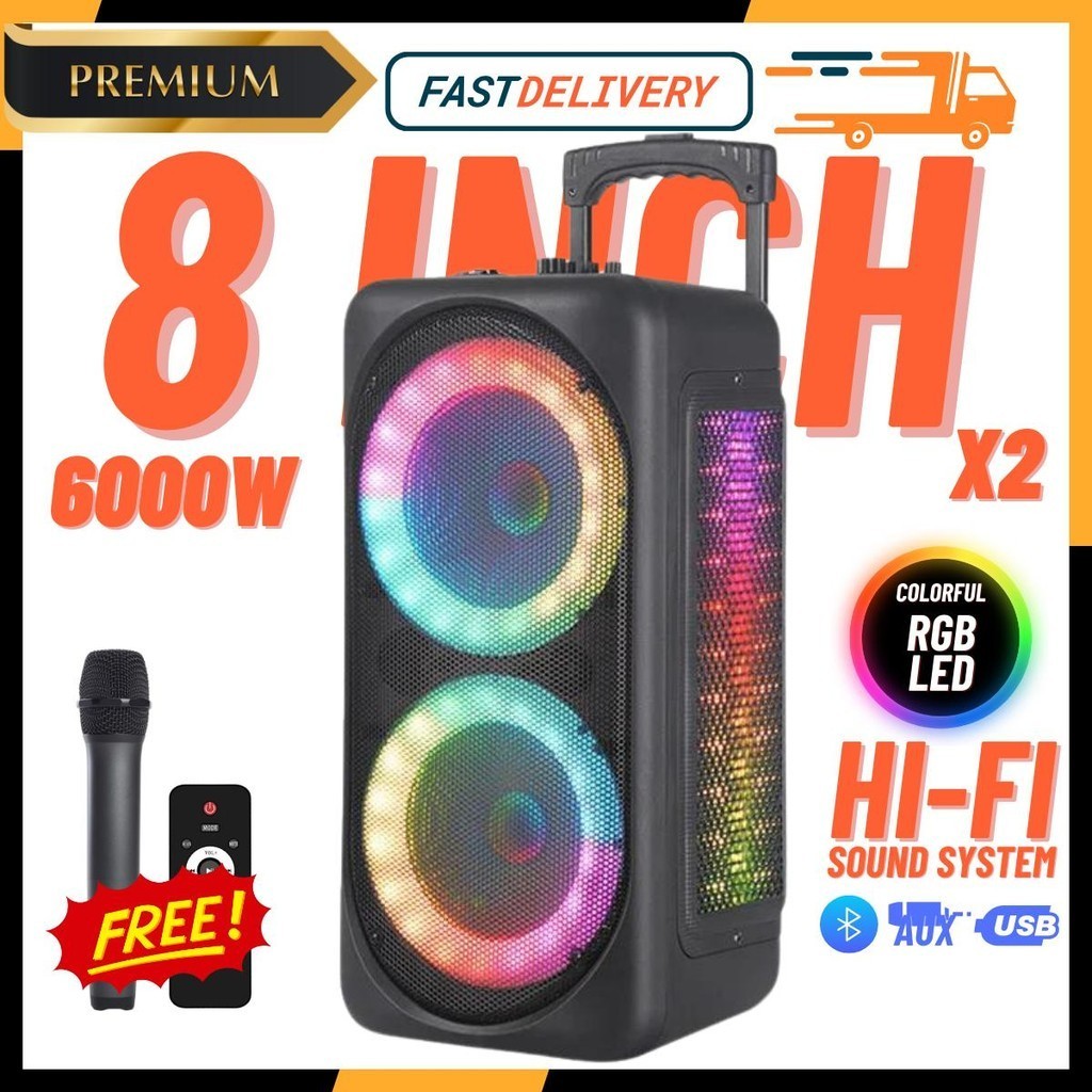 Wireless Bluetooth Karaoke Speaker double 8 inches 6000W outdoor trolley portable bass woofer ...