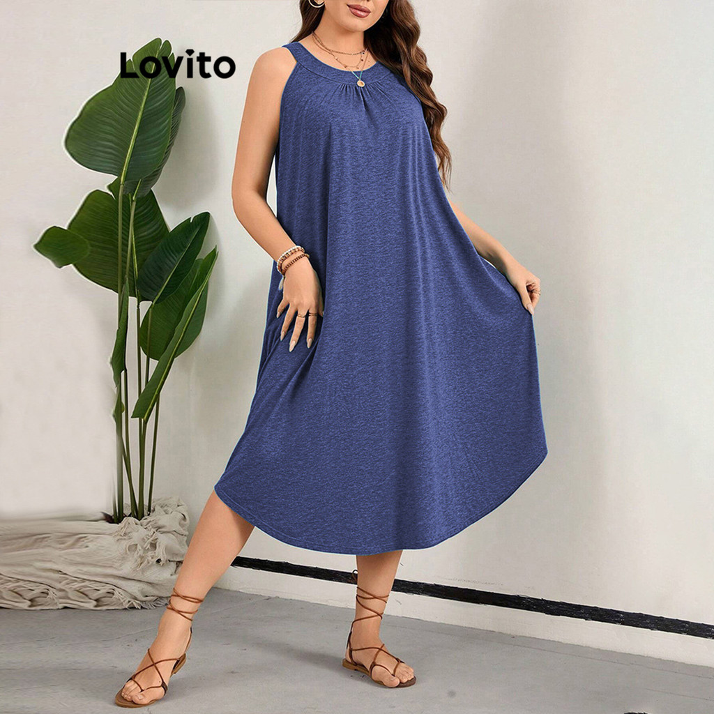 Lovito Plus Size Curve Casual Plain Halter Neck Dress for Women ...