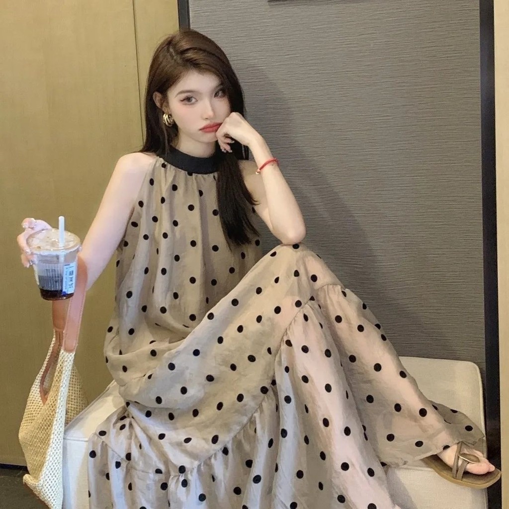 [XIAO]French Polka Dot Halter Dress Women's Lace-up Sling Dress Summer ...