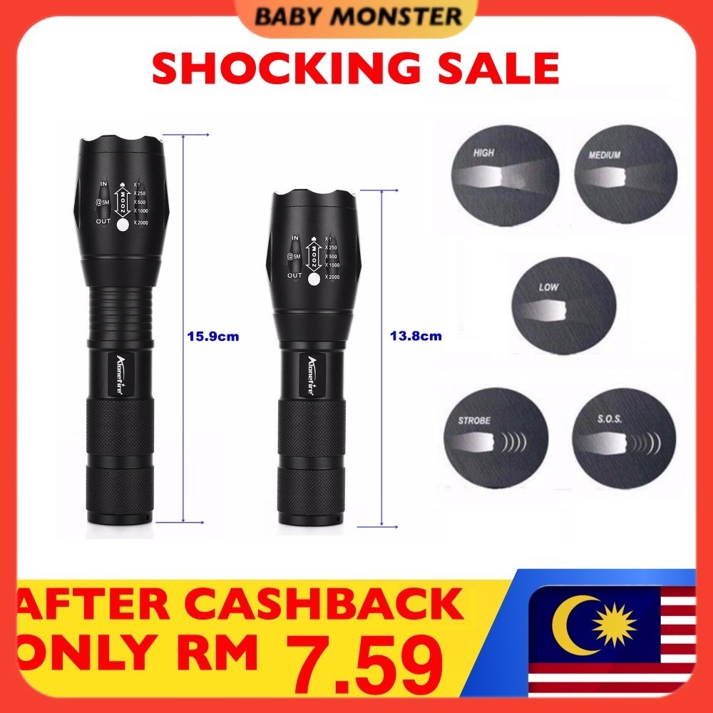 🔥HARGA BORONG🔥 BMS T6 LED Torchlight Cree XML Flashlight 5 Modes Adjustable Torch Light Flash ...