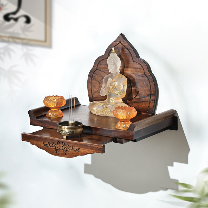 Wall Mounted Wooden Buddhist Shrine | Solid Teak Wood Prayer Altar Shelf | Meditation & Home ...