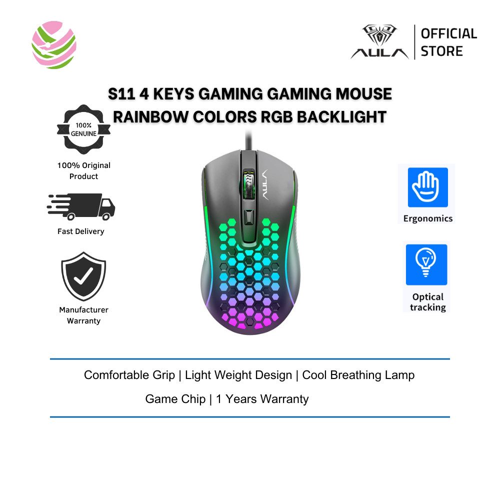 AULA S11 4 Keys Gaming Gaming Mouse Rainbow Colors RGB Backlight PC ...