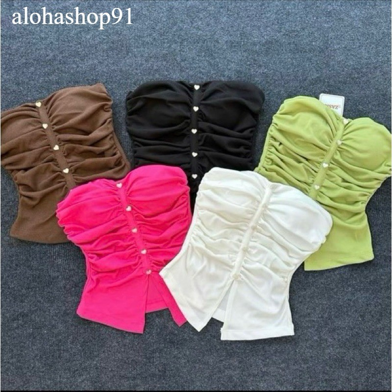 Wrinkled tube top with split buttons in soft cold elastic with real ...
