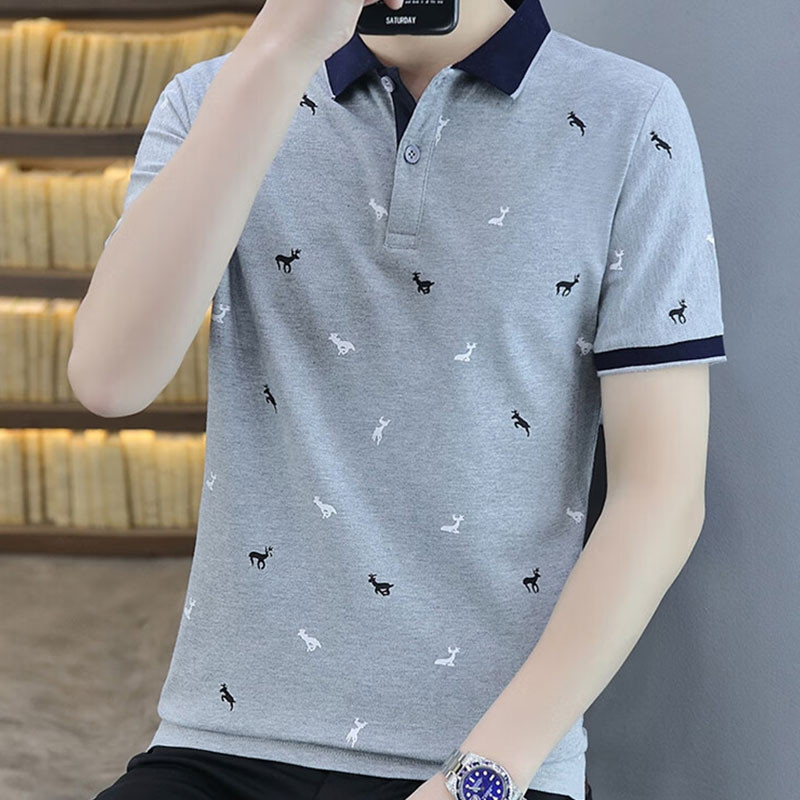 Korean Style Polo Shirt Handsome Men Polo Printed Short Sleeve Slim Fit ...