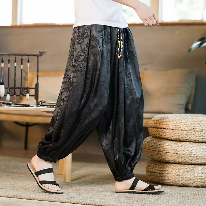 New Chinese Style Dragon Pattern Ice Silk Drape Casual Bloomers Men ...