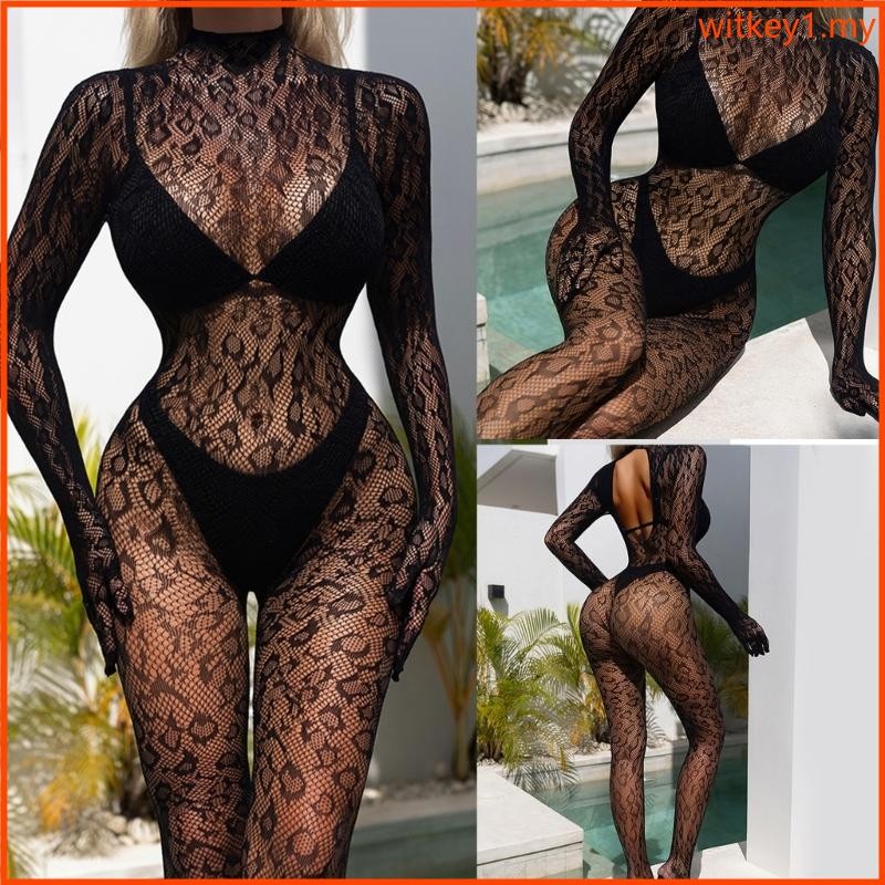 WIT Women Fishnet Bodystocking Mesh Full Body Stockings Long Sleve Babydoll Teddies Bodysuits ...