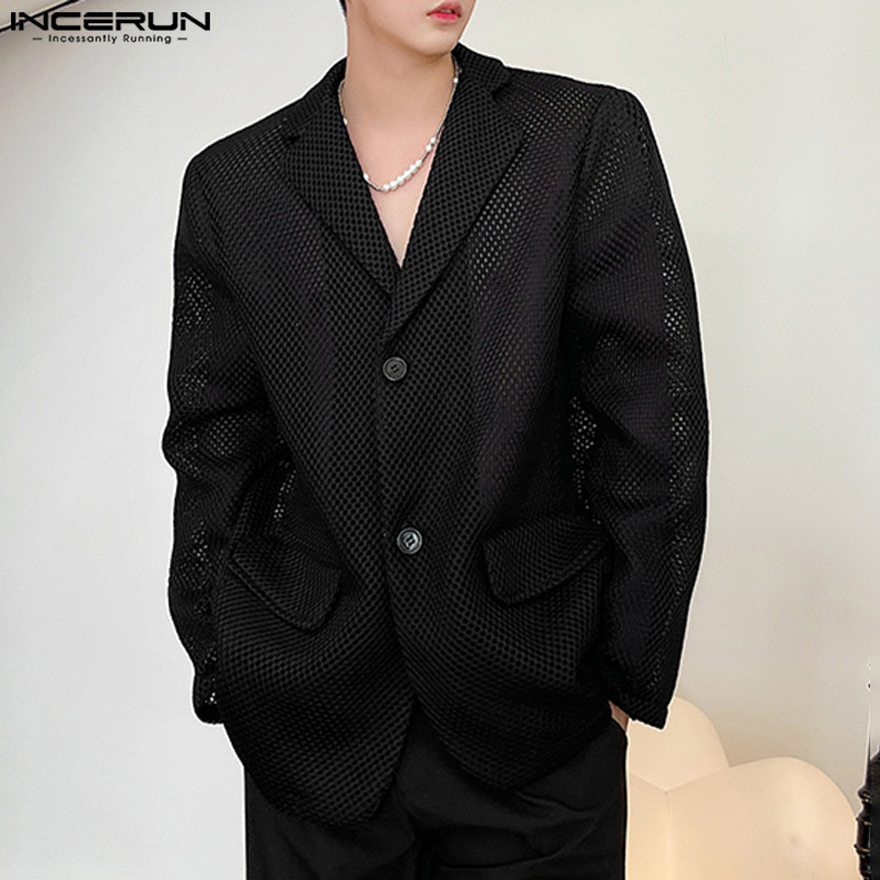 INCERUN Men Korean Casual Hollow Shoulder Pad Long Sleeve Loose Blazer ...