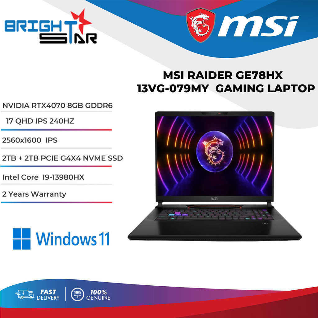 MSI Raider GE78HX 13VG 079 (17"|Intel I9-13980HX|64GB|4TB SSD|NVIDIA ...