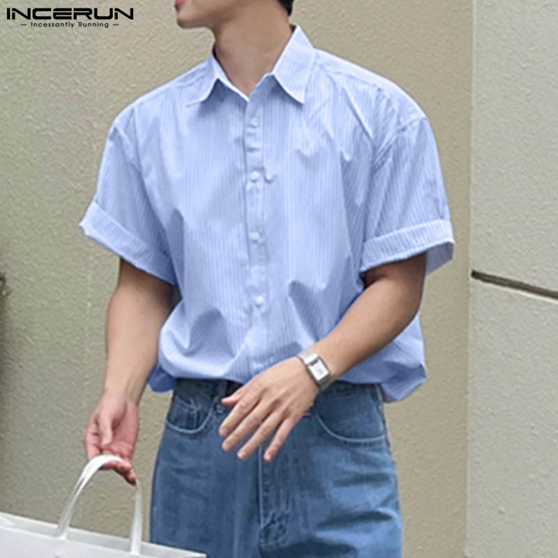 INCERUN Men Korean Design Premium Shoulder Padded Striped Short Sleeve ...
