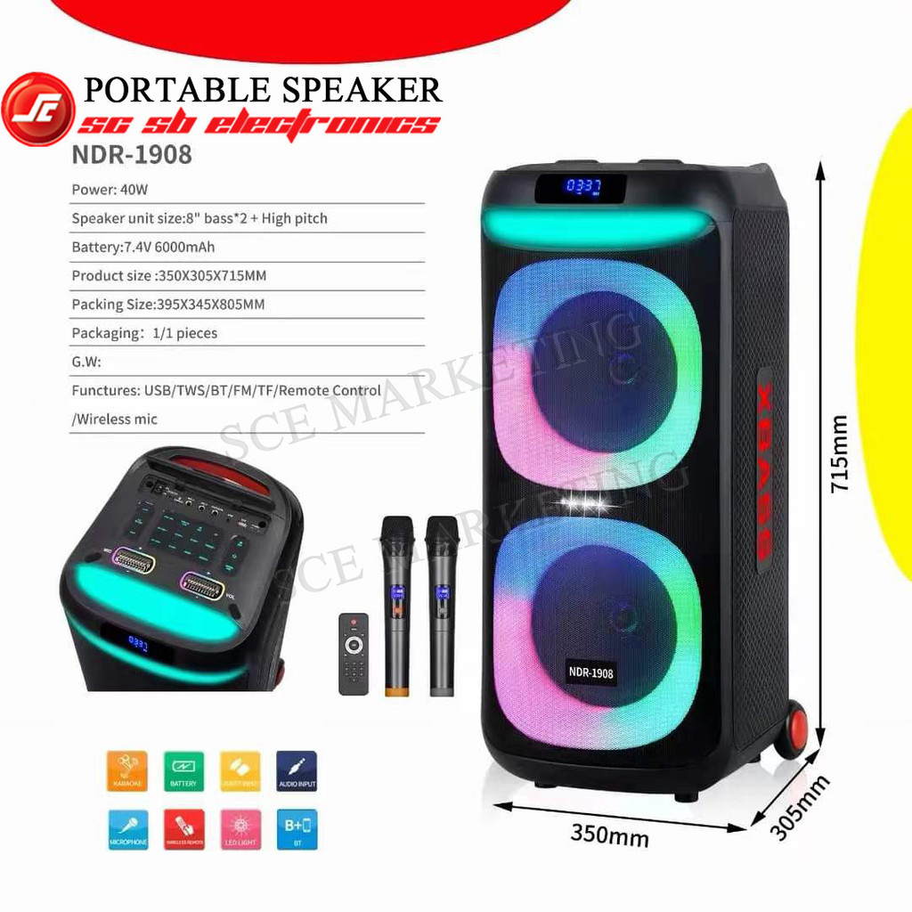 NDR-1908 40W DUAL 8-INCH HIGH POWER PORTABLE BLUETOOTH SPEAKER WITH LED LIGHT WIRELESS ...