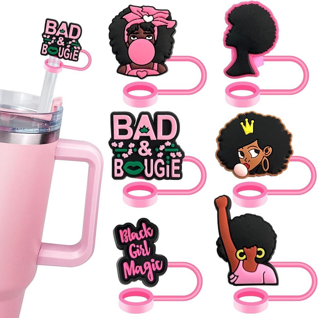 Pink Black Girl Straw Covers for Stanley Cup，Cute Silicone Straw Topper ...