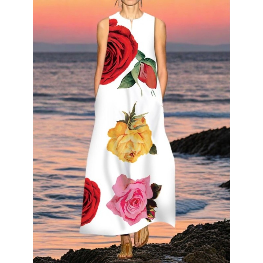 Vintage Elegant White Rose Printed Long Dress with Flower Pattern Beach ...