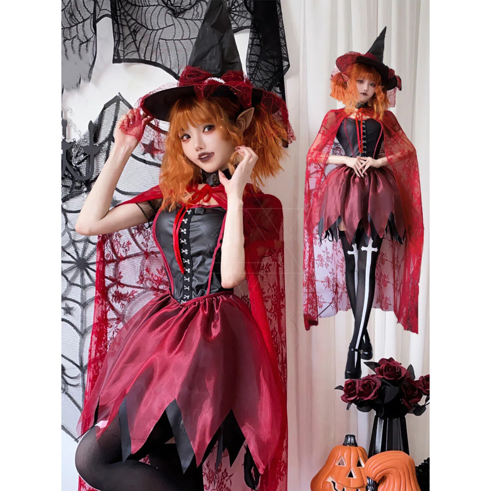 Halloween Adult Party Cos Dress Red Sorcerer Witch Cape Dress Death ...