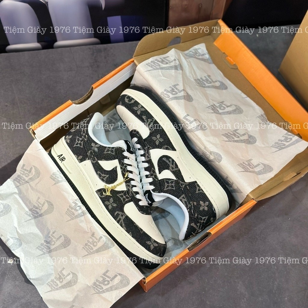 LV Nike Air Force 1 07 rendah denim black beige shoes AF1 sneakers ...