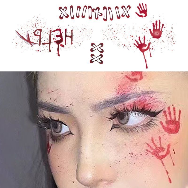 Bloody handprint stitches Halloween face stickers waterproof female ...