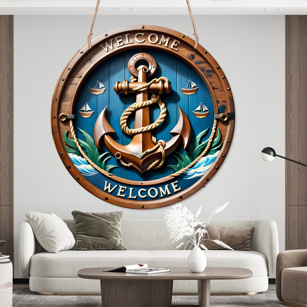 1pc Rustic Wooden Nautical Anchor Welcome Sign Sailboat Round Welcome ...