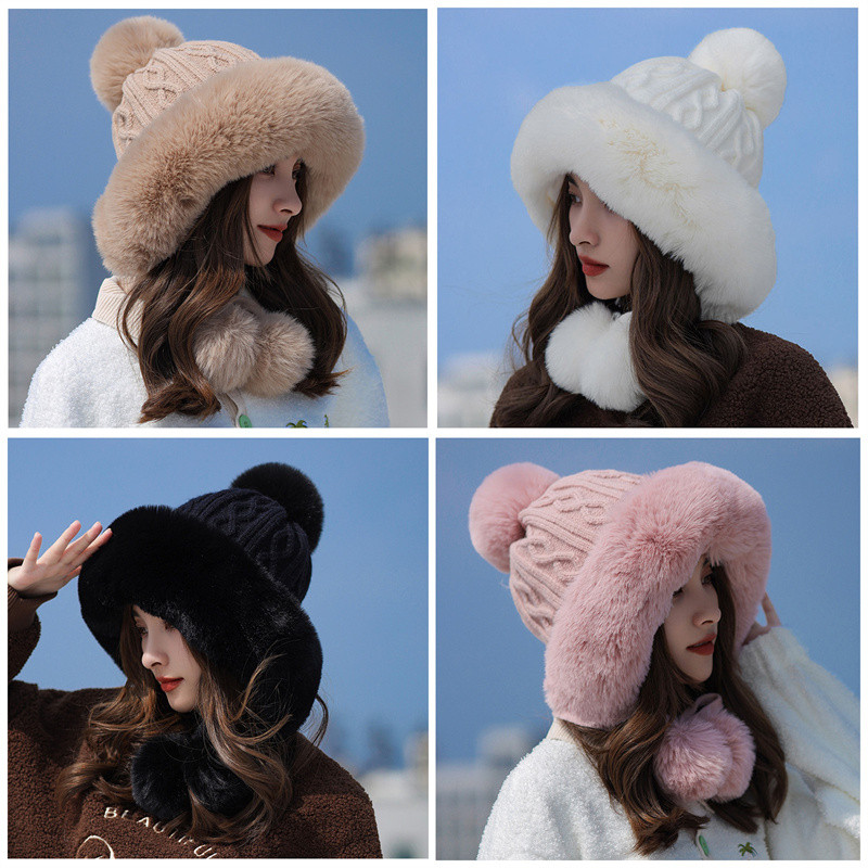Outdoor Earflap hat Wool Knitted Snow Ski Cap Fleece Women Winter Cold-proof Hats | Shopee Malaysia