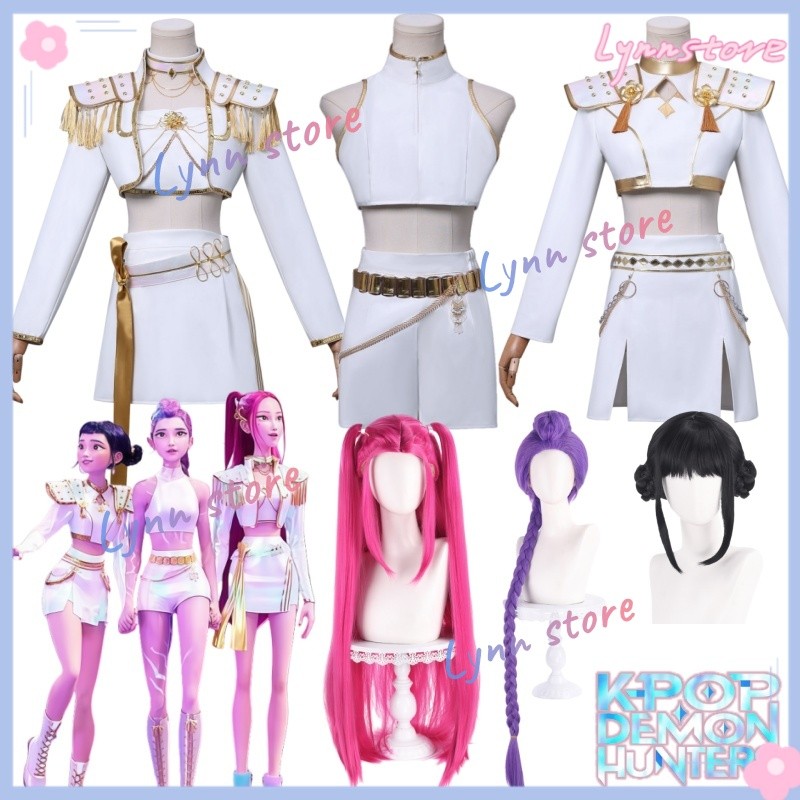 KPOP Cosplay Costume Animated DEMON HUNTERS RUMI ZOEY MIRA Cosplay White Suit Wig 獵魔女團Cos ...
