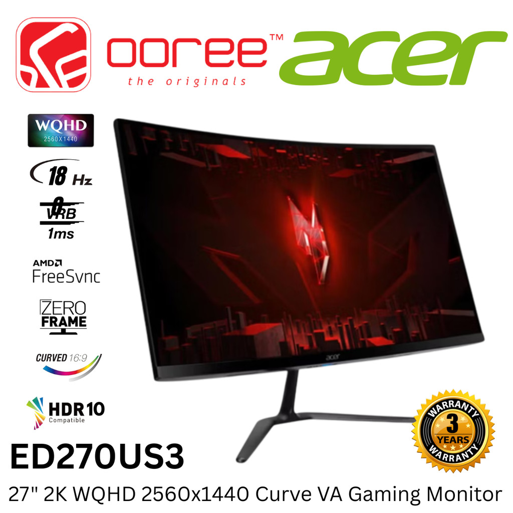 ACER 27" NITRO ED270US3 / ED270U S3 WQHD 2K (2560x1440P@180HZ) LED ...