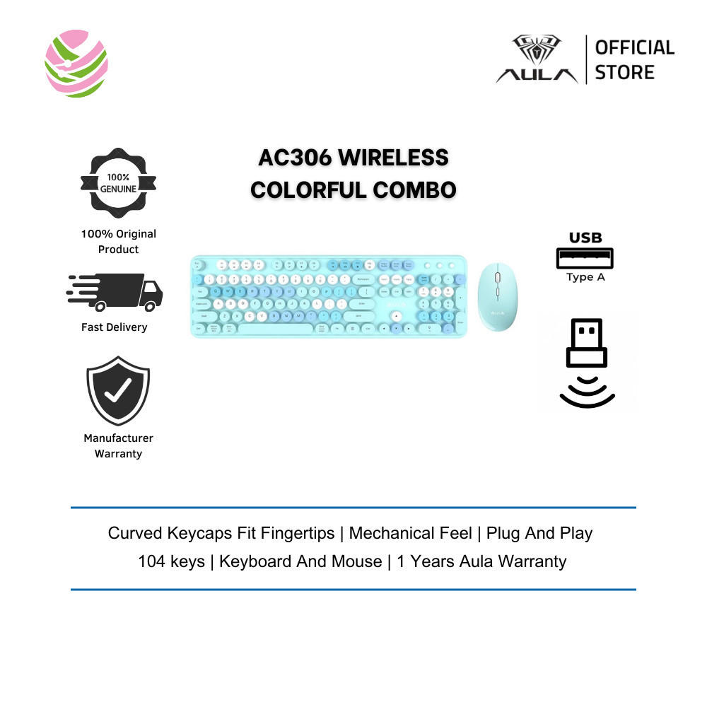 AULA AC306 Wireless Keyboard Set Membrane Keyboard USB Receiver Plug ...