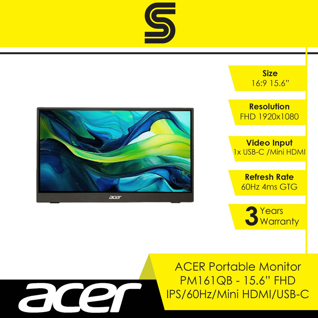 ACER Portable Monitor PM161QB - 15.6" IPS/FHD/60Hz/Mini HDMI/USB-C ...