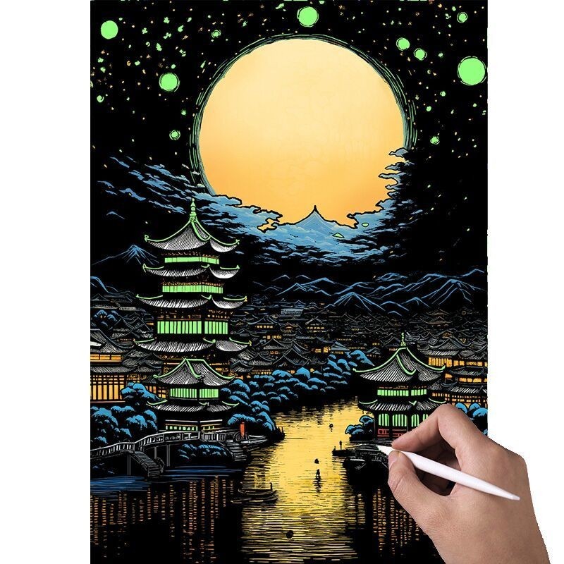 Lukisan kikisan cahaya malam, warna, pemandangan malam kota, kertas ...