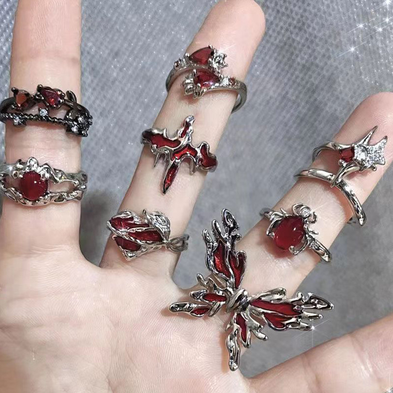 New Adjustable Opening Irregular Red Crystal Glass Heart Punk Aesthetic ...