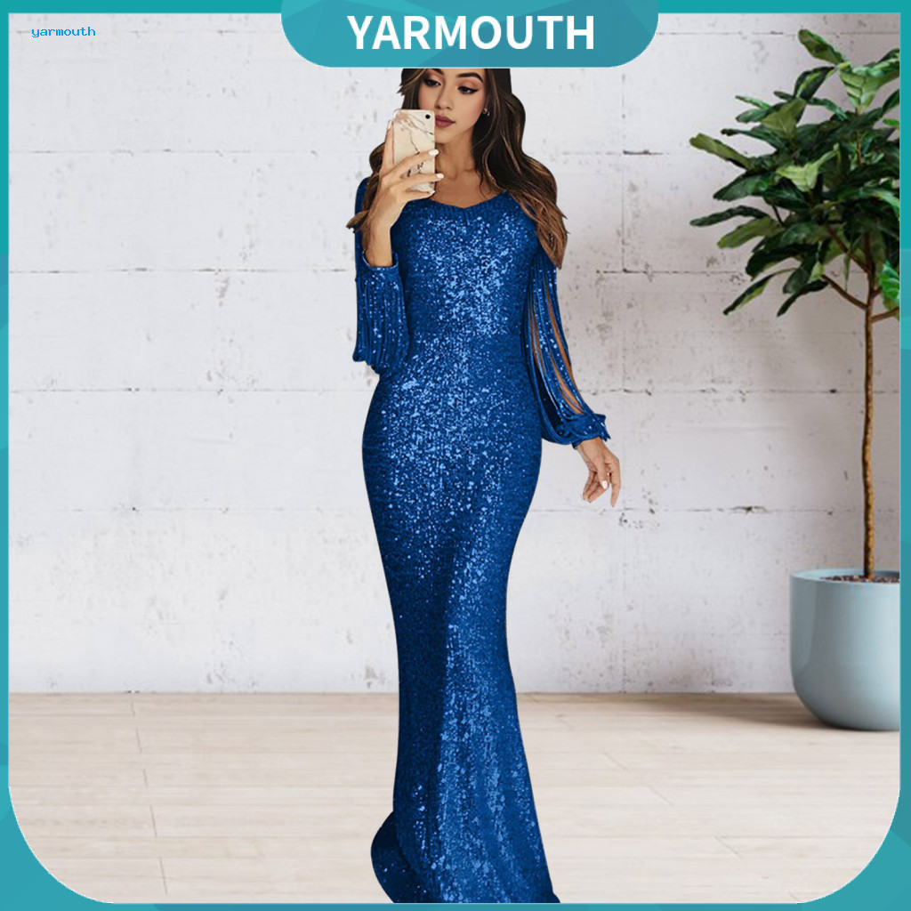 YYR_ Prom Dress Solid Color Evening Gown Sparkling Sequin Fishtail Maxi ...