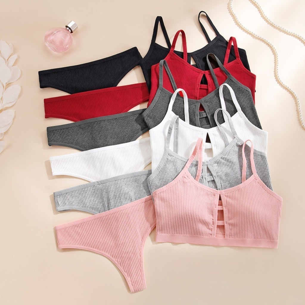Women Cotton Underwear Set Hollow Out Unlined Wireless Bra Seamless ...