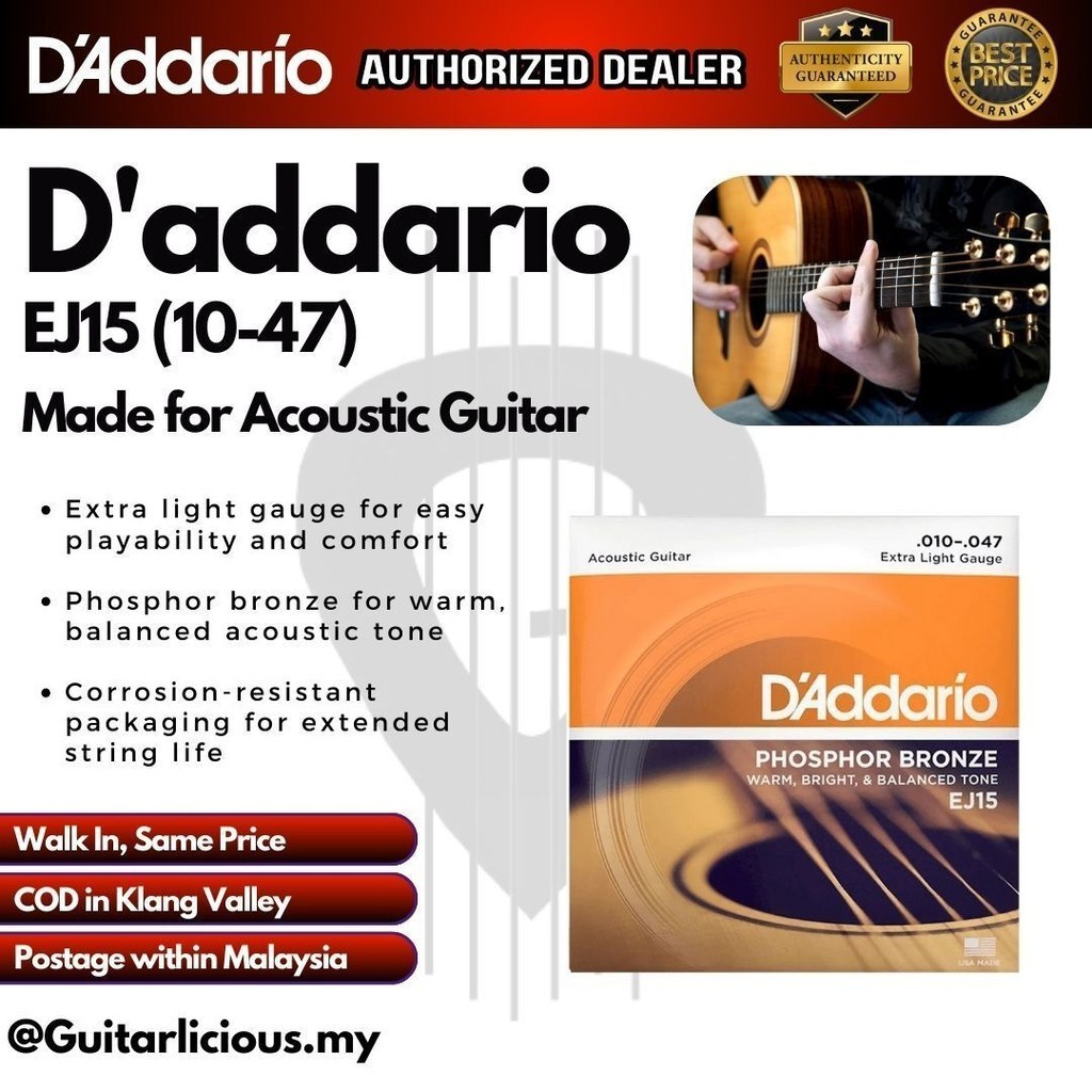 D’addario EJ15 Phosphor Bronze Acoustic Guitar Strings, Extra Light, 10 ...