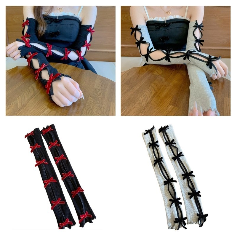 lu Hollowout Decorative Arm Sleeves for Female Girl JK Flocking Bowknot Arm Sleeves 2000s Girl ...