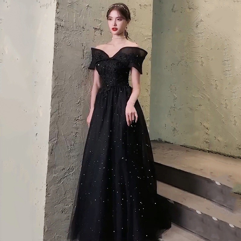 Black Starry Sky Banquet Evening Dress 2024 New Off-shoulder Lace ...