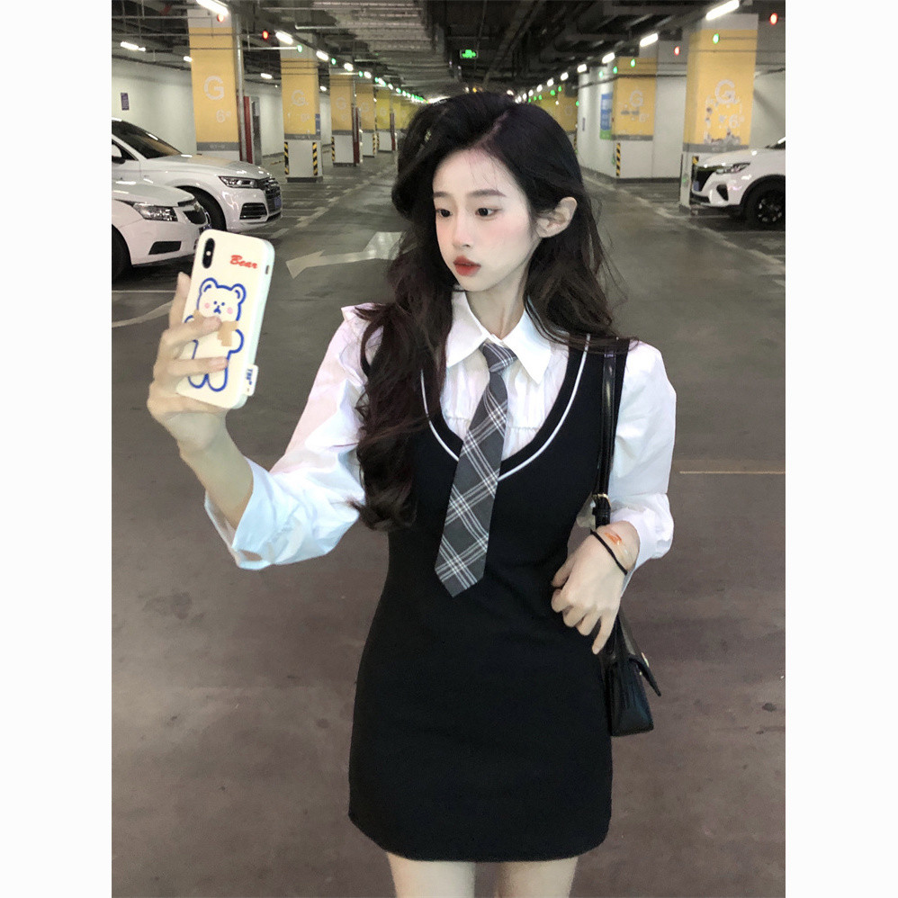 Fake Two-Piece Preppy Style Uniform Slim-Fit Autumn Winter Hot Girl Age ...