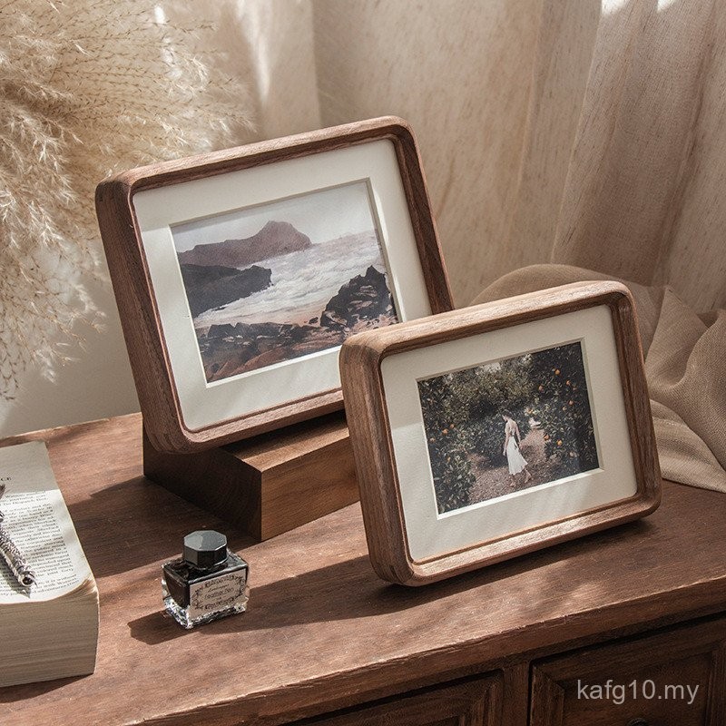 Bingkai gambar busur sudut bulat buah walnut hitam kayu pepejal, gambar dicuci, dibuat menjadi ...